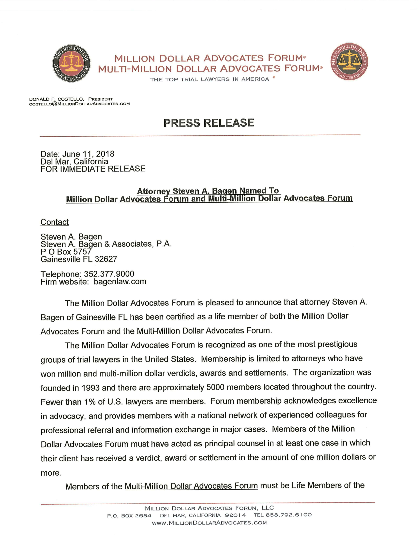 Steven A. Bagen a Certified Life Member of the Million Dollar Advocates ...