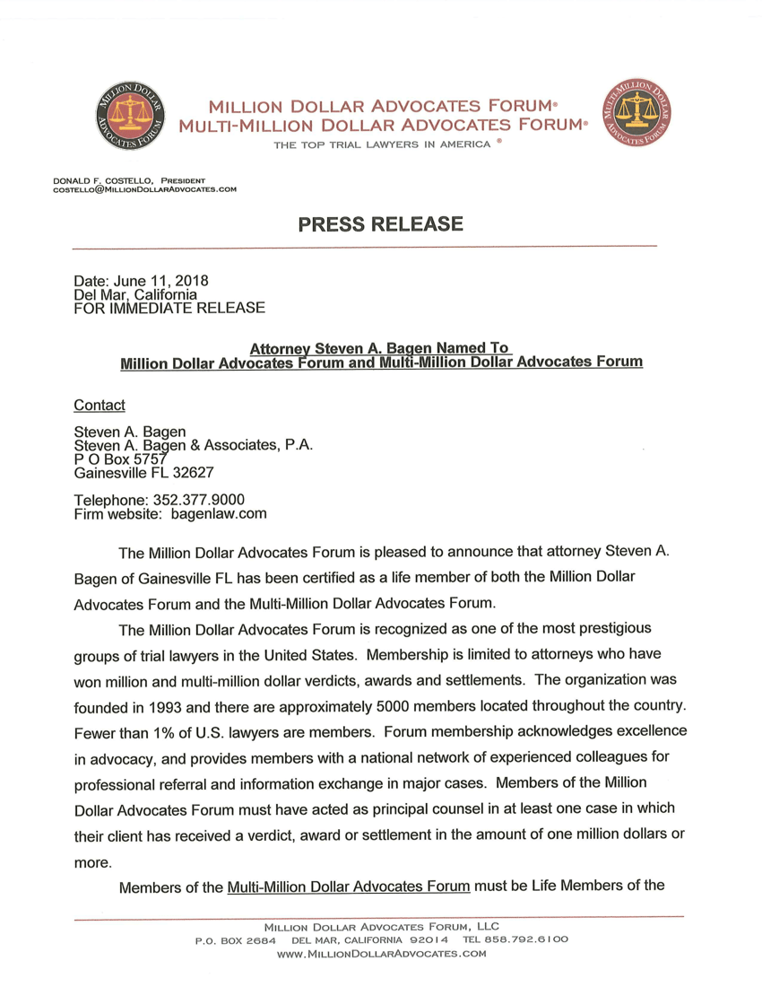 Steven A. Bagen a Certified Life Member of the Million Dollar Advocates ...